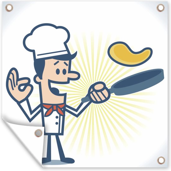 Tuin poster tekening van een chef kok met een braadpan - 200x200 cm ... Tuin poster tekening van een chef kok met een braadpan - 200x200 cm ...