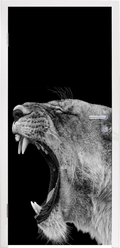 Deursticker Dieren - Leeuw - Zwart - Wit - Portret - 85x205 cm - Deurposter | bol