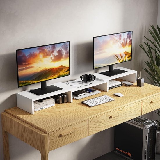 Dual Monitorstandaard Verhoger - Opgeruimd Thuiswerken - 1 stuk - Wit ...