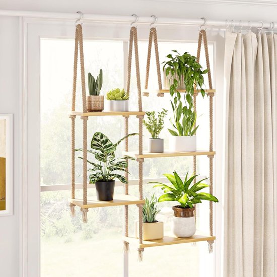 Indoor Boho Hangende Plantenplank 5-tier Hout Plant Stand - Wandplank ...