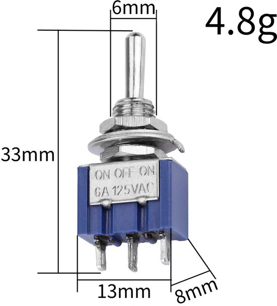 10 Stuks SPDT Rocker Switch ON-OFF-ON 3 Positie 3-Pole 6mm 6A 125VAC | bol