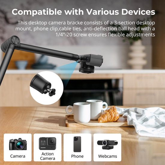 SMALLRIG Overhead 3-Section Desktop Camera Bracket, Demping Boom Arm ...