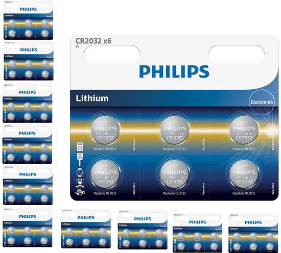 Philips CR2032 3v lithium knoopcelbatterij - 60 Stuks (10 Blisters a 6 Stuks) | bol