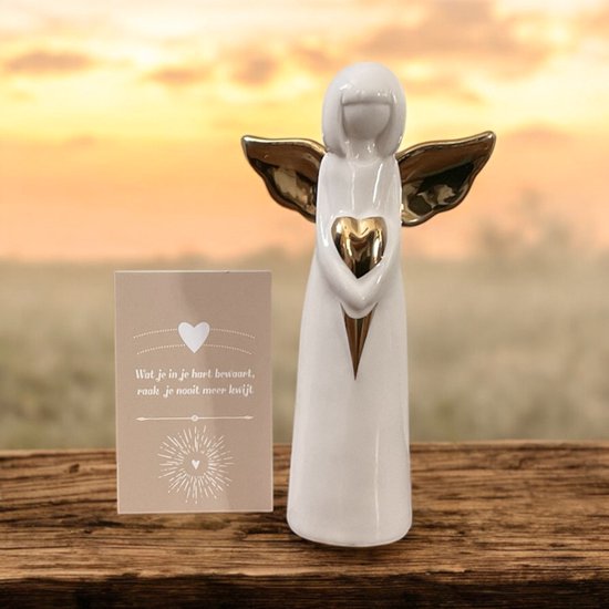 Engel - Porselein - wit met gouden hart - 16 cm hoog - troostcadeau ...