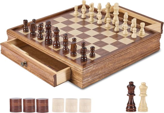 Houten Schaakspel 2-in-1 | 380 mm Schaak- en Damspel met Opberglade en ...