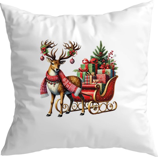 Witte kerst kussenhoes met Full color Groot Hert met mooie Slee en Kado ...