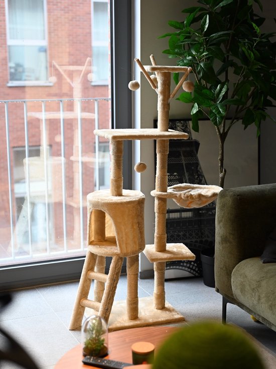 Catchy - Zachte beige kat krabpaal met hangmandje - warm design ...