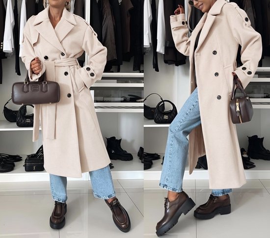 Luxe manteljas beige - dames - lang- maat L- winterjas- mantel jas ...
