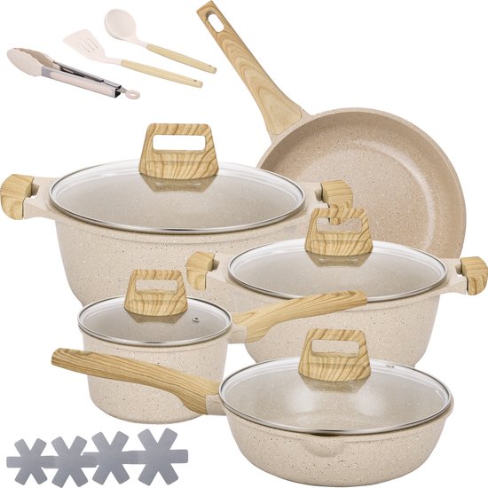 Maison & Kitchen pannenset inductie PFAS vrij - 16-delig beige ...