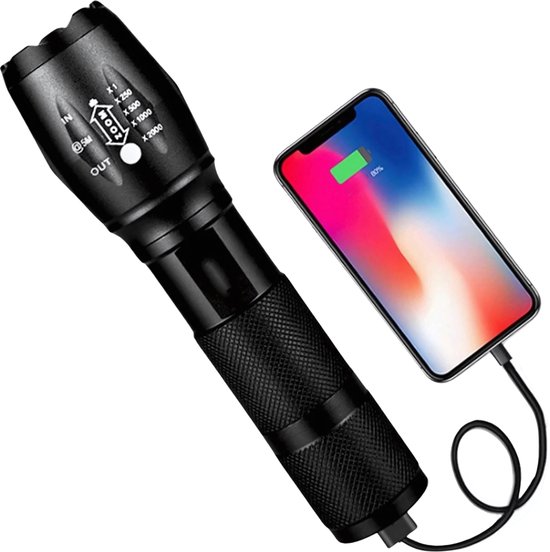 JustValue Militaire Zaklamp - LED - Oplaadbaar - Powerbank - 2500 mAh - Werklamp -... | bol