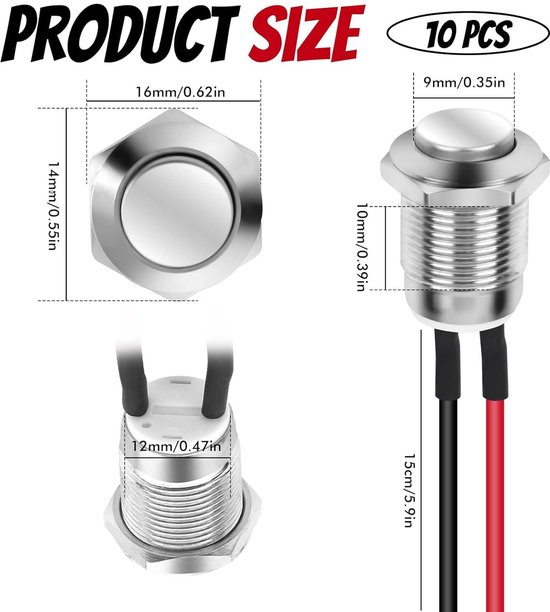 Waterdichte momentane metalen drukschakelaar - 10 stuks 12 mm knop met ...