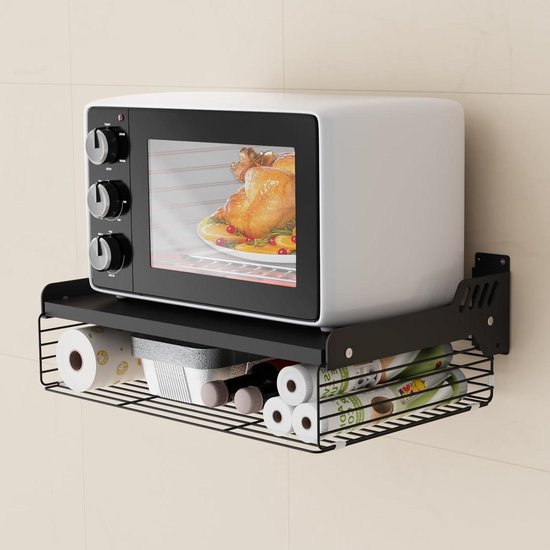 Wall Mounted Microwave Shelf with Wire Basket - Space Saving Carbon ...