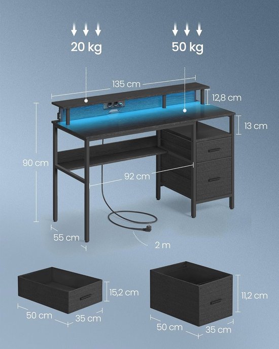 Computerbureau met LED-verlichting, monitorstandaard en USB-poorten ...