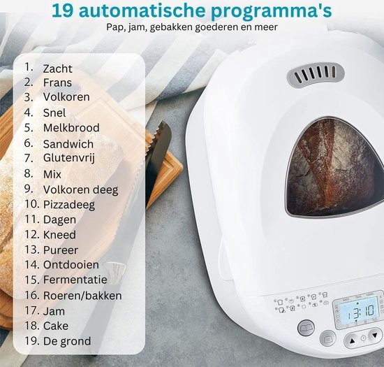 Broodbakmachine met 19 Programma's en Timer - Broodmachine ...