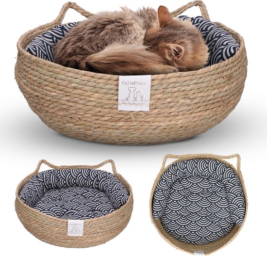 CallmPlace Kattenmand - Rotan Rieten Mand - Zacht Wit/Blauw Kussen ...