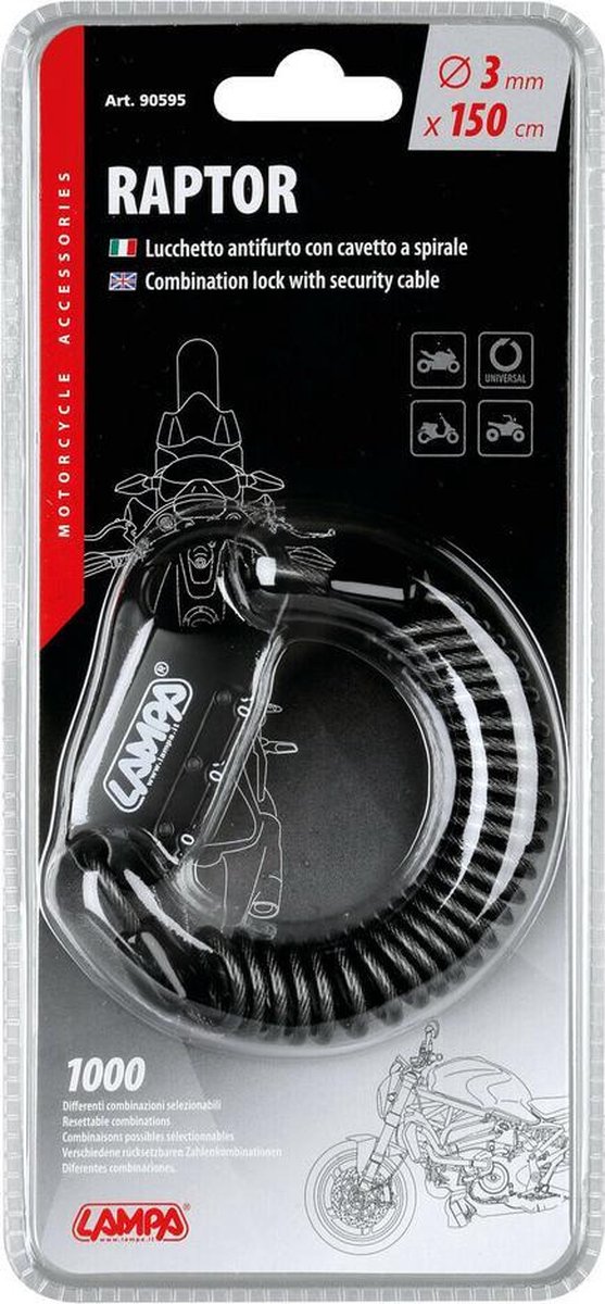 Raptor, cijferslot met spiraalsnoer - 150 cm - Helm slot- cijferslot ...