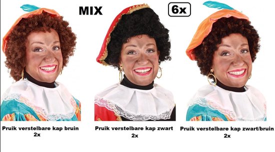 6x Kwaliteit Piet pruik zwart-bruin-zwart/bruin met verstelbare kap ...