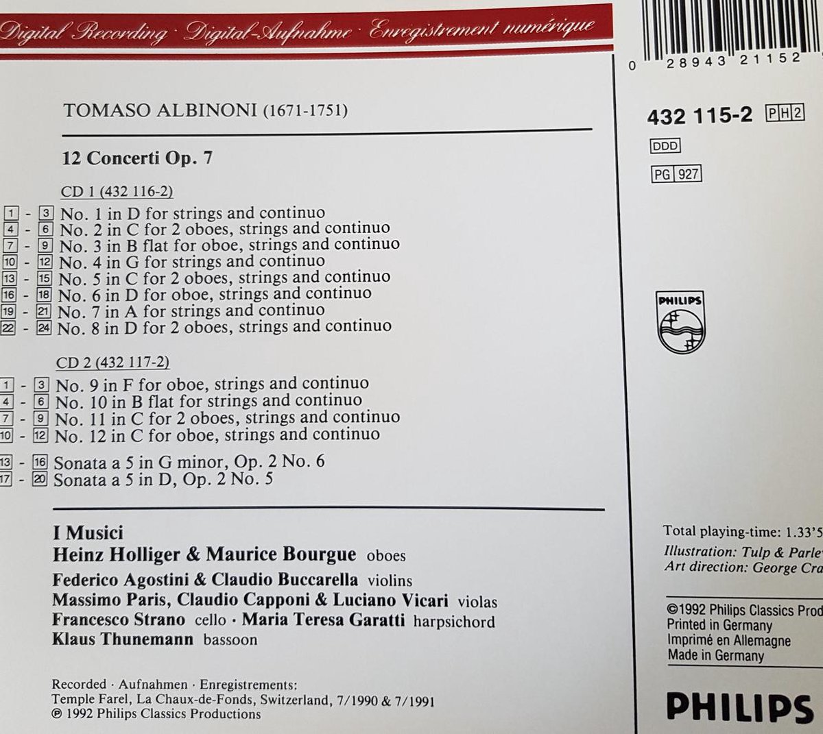 Tomaso Albinoni: Concerti, Op. 7 & Sonatas, Op. 2, Heinz Holliger | CD ...