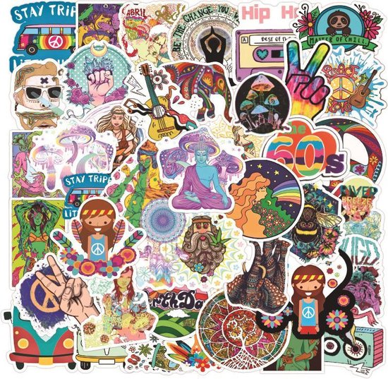 Sticker mix Happy Hippie Sixties - 50 stickers voor laptop, muur ...