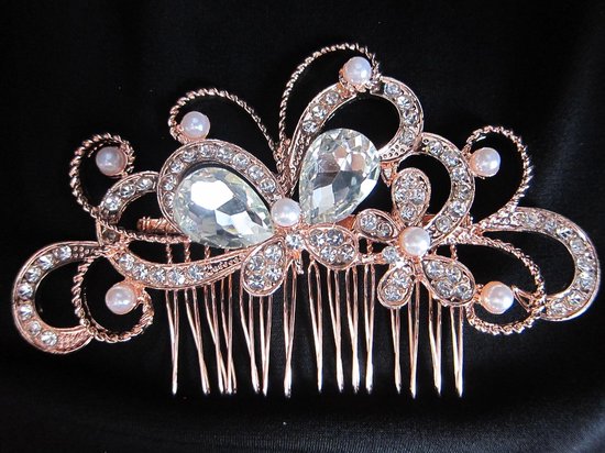 Haarkam rosé goud | Bloem - Parels - Diamantjes | Gelegenheid | 11 cm | bol