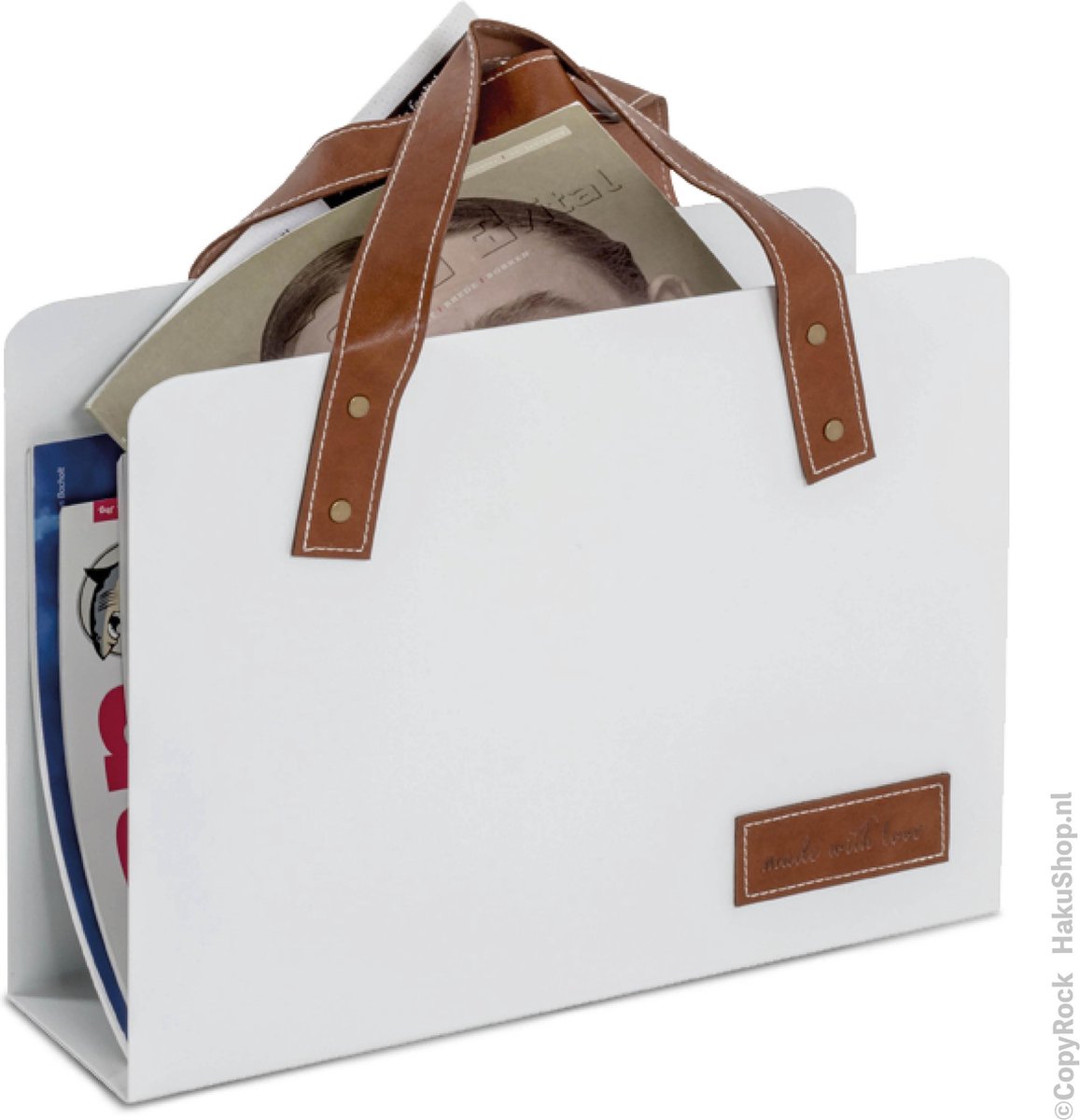 Krantenbak | Moderne lectuurbak Wit metaal met Bruin kunstleder ...