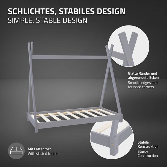 Kinderbed Tipi 70x140 cm lichtgrijs gemaakt van grenenhout incl. matras ...