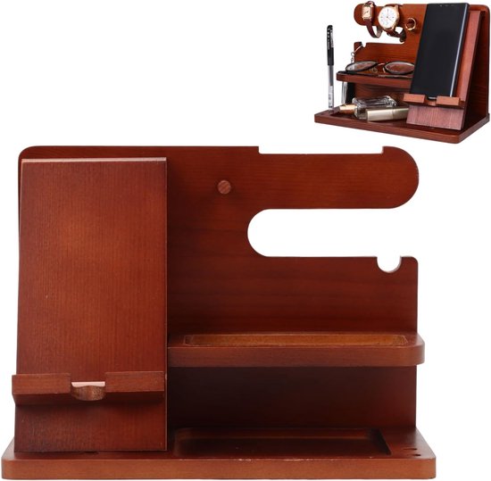 Houten Dockingstation voor Smartphone – Organizer met Klok, Sleutel ...