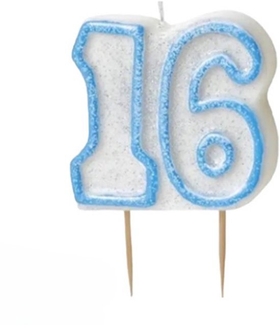 Verjaardagskaars cijfer 16 - wit-blauw | bol