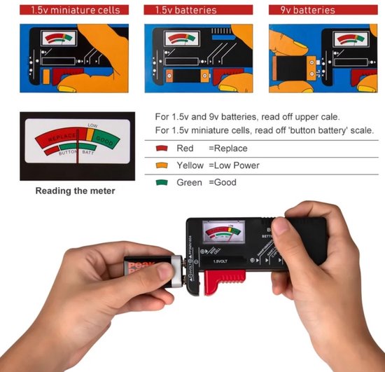 Batterijtester I Accu Indicator I Analoog I Voor AA/AAA/C/D/9V/1,5V | bol