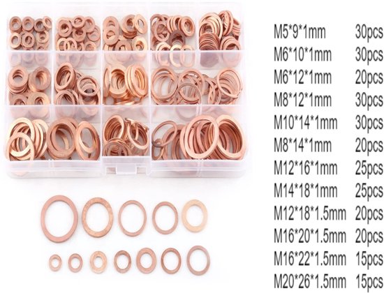 Koperen O-ring Sluitringset - 280-delig - 12 Maten - Koperen Platte ...