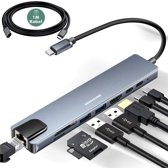 IMENGINE® USB C Hub - 8 in 1 Adapter met 1x HDMI 4K, 1x Ethernet, 1x USB-C 65W, 2x USB... | bol