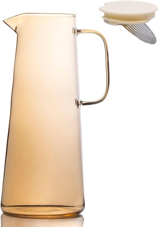 Glass Carafe Jug in Amber - 1.4 Liter Capacity - Water Jug with Lid and ...