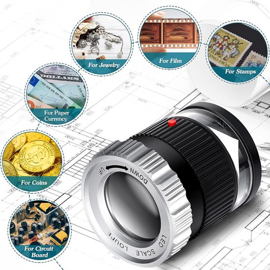 Loupe 30X Vergrootglas met LED-verlichting en UV-licht, Verstelbare ...