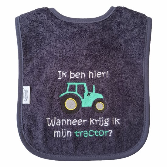 Donker blauwe slab met "Ik ben hier! Wanneer krijg ik mijn tractor?" - groene tractor... | bol