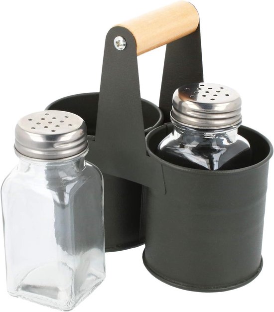 3-piece glass spice shaker set - salt and pepper with matching metal holder (01-piece... | bol