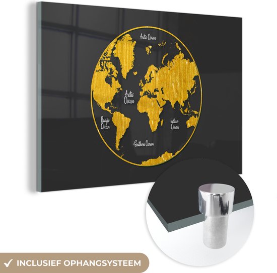 Carte du monde ronde et dorée sur fond gris Plexiglas 30x20 cm - petit ...