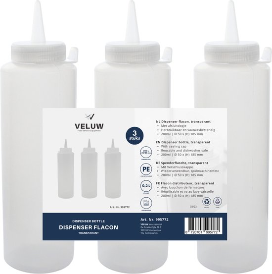 Veluw Dosing Bottle Squeeze Bottle Transparent - 200ml - Ø5x (H) 18.5cm ...