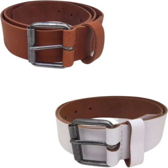 Leren riemen met rolgesp set - Leren riem heren/dames - Cognac en wit ...