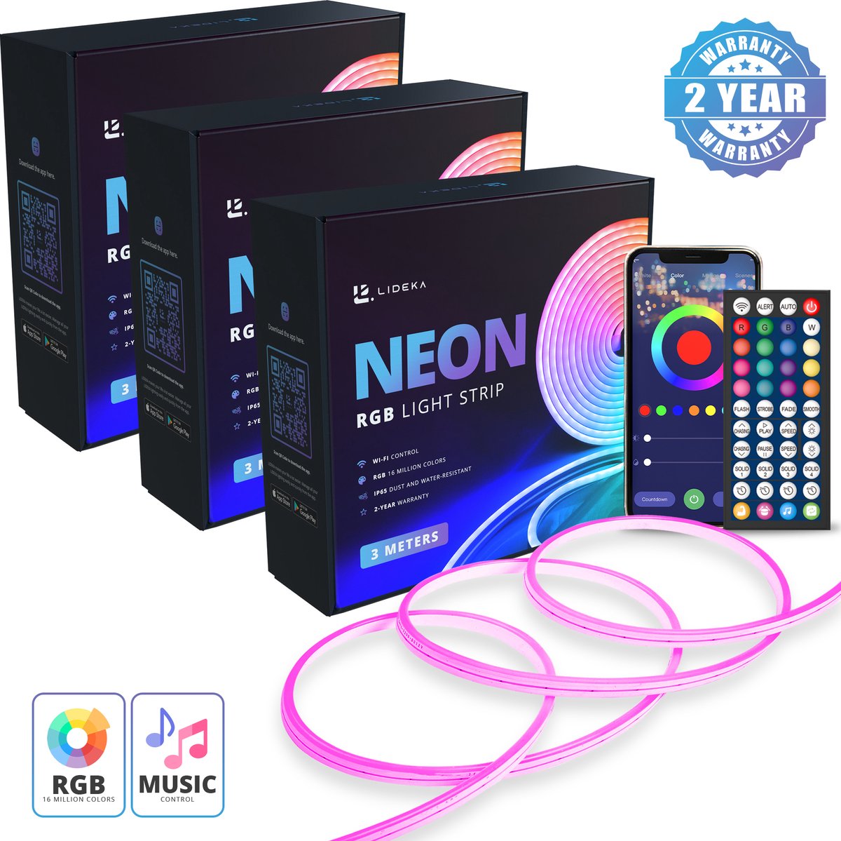 Lideka® - RGB Neon LED Strip 9 Meter (3 sets van 3m) - IP68 Voor Buiten ...