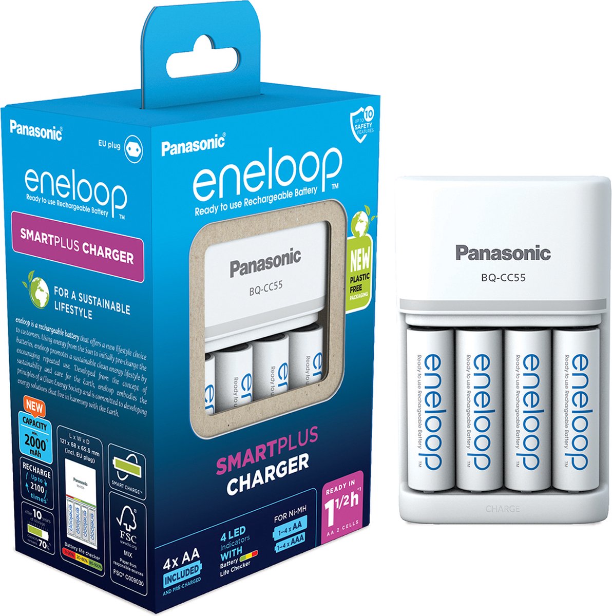 Panasonic Snellader Bq Cc55 4x Aa Eneloop 2000mah