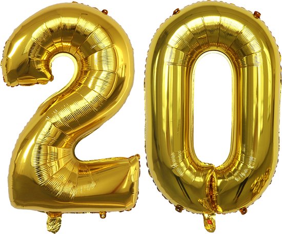 Folie Ballonnen XL Cijfer 20 , Goud, 2 stuks, 86cm, Verjaardag, Feest ...