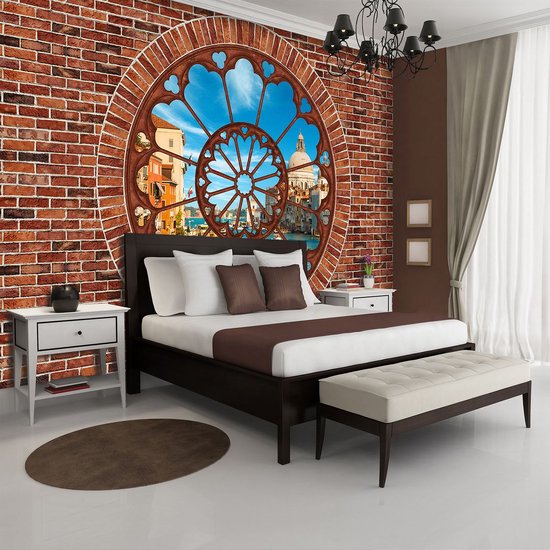 Fotobehang - Vlies Behang - 3D Uitzicht op Venetië door Rond Raam - 254 ...