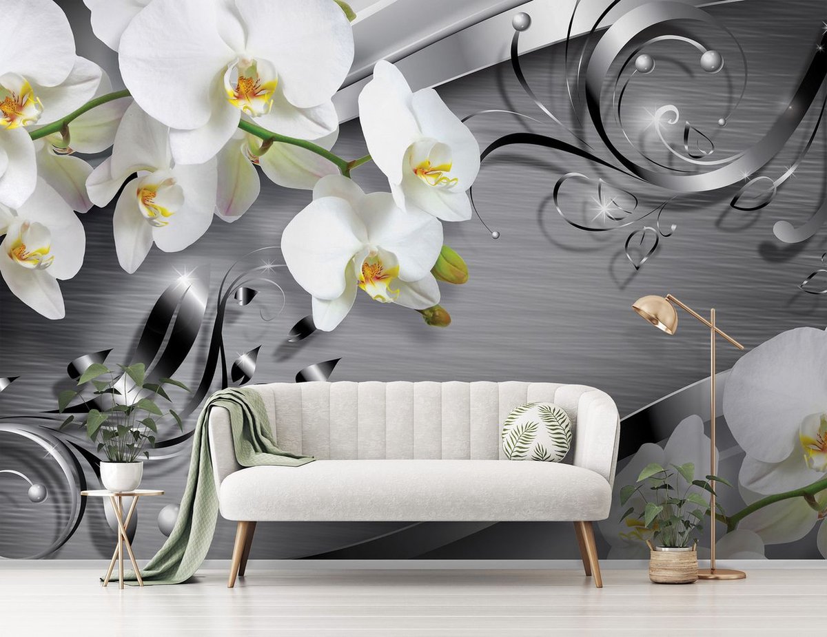 Fotobehang - Vlies Behang - Luxe Zilveren Orchideeën Kunst - 254 x 184 ...