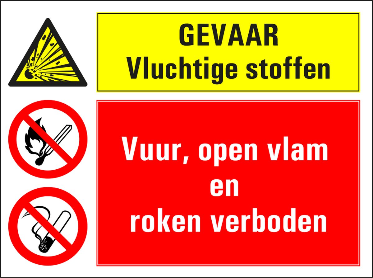 Gevaar vluchtige stoffen, vuur open vlam en roken verboden bord 600 x ...