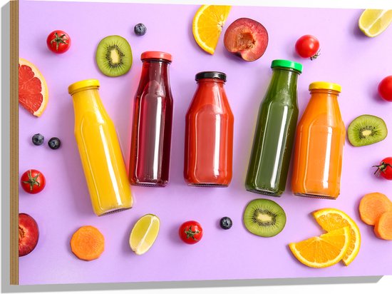 Hout - Gezonden Sappen in Glazen Flessen omringd door Fruit - 80x60 cm ...