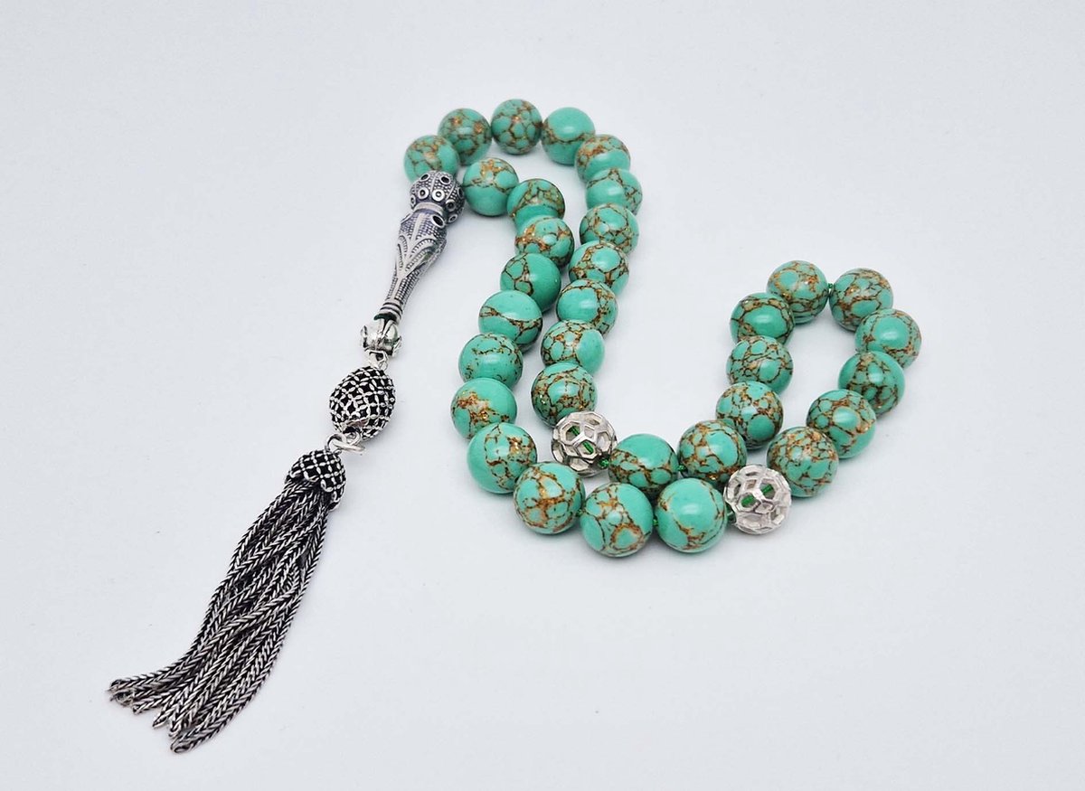 Zilveren 925 tasbih rozenkrans en natuursteen - Groen goud - 33 Kralen ...