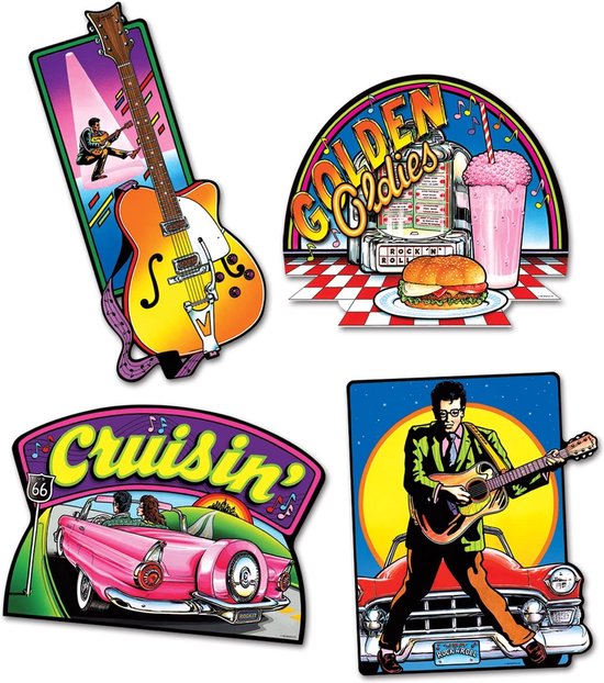 2 x 4 stuks Rock en Roll Versiering. Muur/ Raam Versiering, Themafeest ...