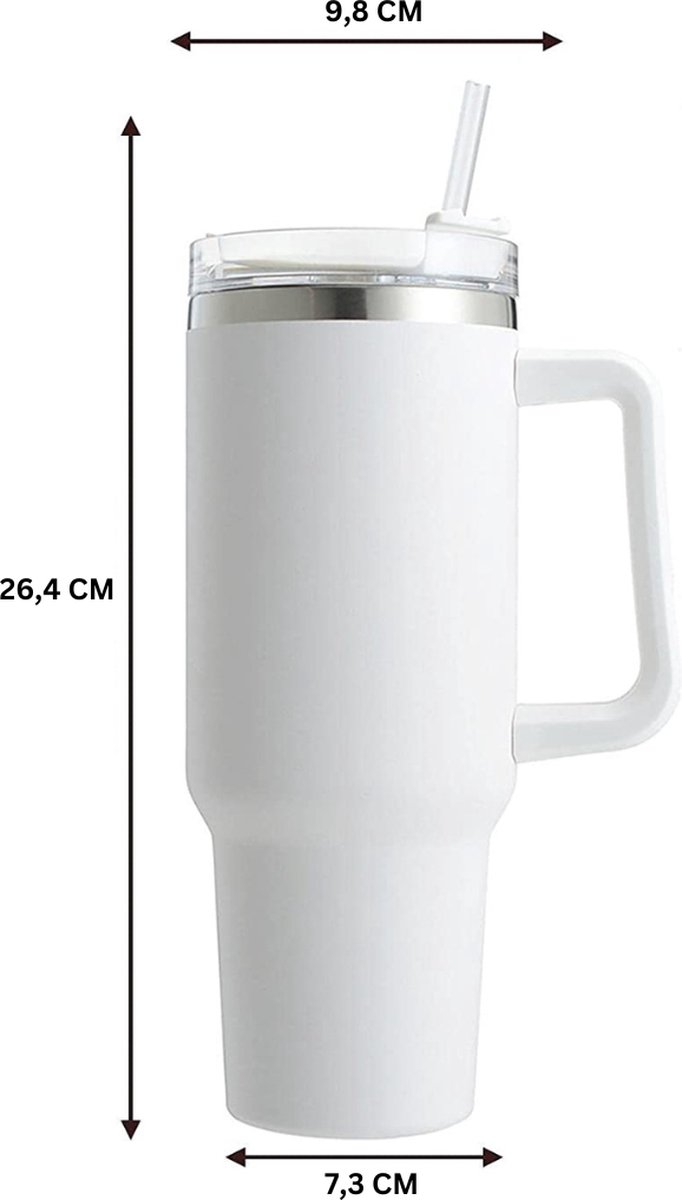 Thermosbeker met handvat inclusief metalen rietje - 1.2L - Wit - RVS ...