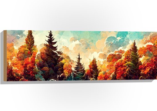 Hout - Schilderij van Rij Bomen in Herfstkleuren - 90x30 cm - 9 mm dik ...