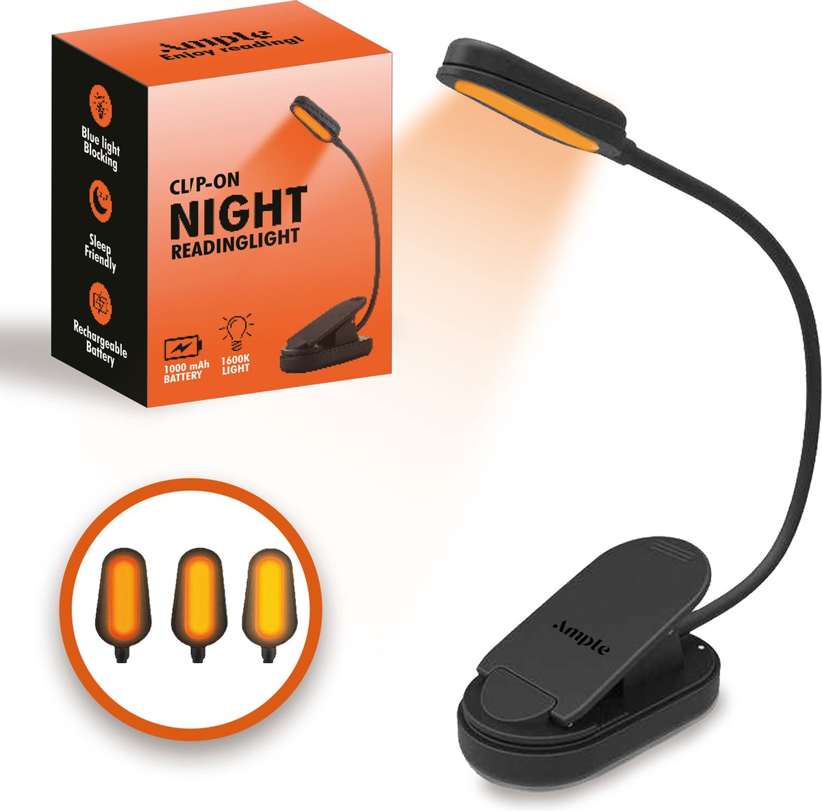 Ample Draadloos Leeslampje met klem - Klemlamp - Amber LED Licht - 3 ...